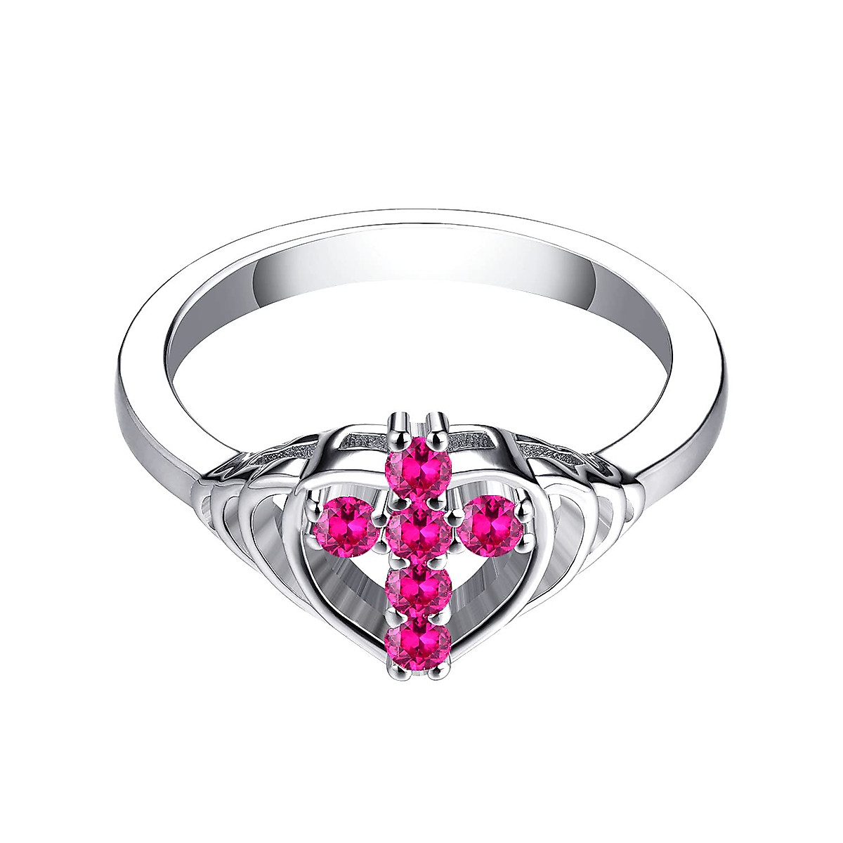 JO WISDOM 925 Sterling Silver Cubic Zirconia Heart Cross Crucifix Statement Ring,July Birthstone Ruby Color Jewelry for Women size9