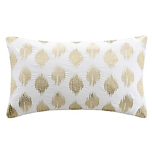 INK+IVY Nadia Dot Mid Century Modern Cotton Oblong Decorative Pillow Sofa Cushion Lumbar, Back Support, 12"x18", Metallic Embroidery Gold/White