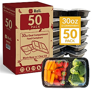Reli. Meal Prep Containers, 30 oz. (50 Pack) - Black 2 Compartment Food Containers with Lids, Microwavable Food Storage Containers - Black Reusable Bento Box/Lunch Box Containers for Meal Prep (30 oz)