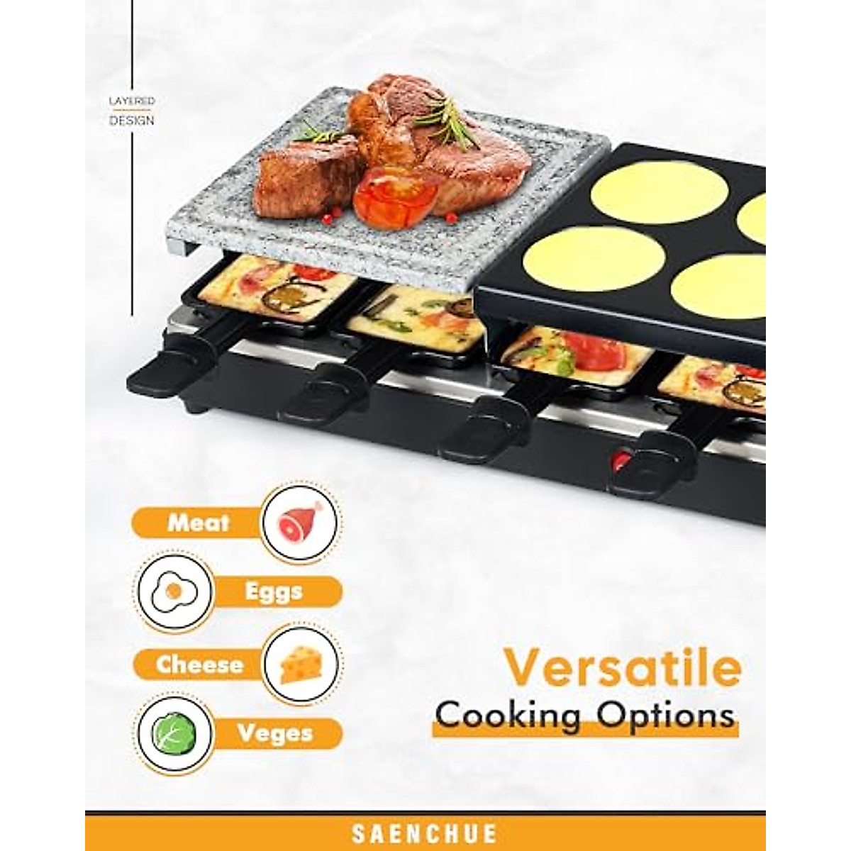 Saenchue Raclette Table Grill - Indoor Electric Grill Griddle - Nonstick Extra Large Reversible 4-In-1 Outdoor Dishwasher Safe with Cheese 12 Paddles 12 Spatulas for 12 Person, FD-12