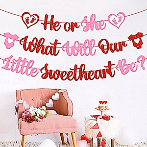 He or She What Will Our Little Sweetheart Be Banner Happy Valentine’s Day Theme Pink Red Glitter Gender Reveal Baby Shower Party Decorations Supplies