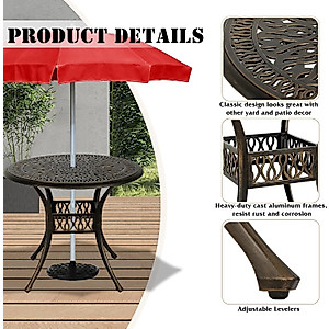 MAIBH Outdoor 5 Piece Cast Aluminum Bistro Set, Patio Table and Swivel Rocker Chairs Set of 4, Metal Patio Furniture Set with Umbrella Hole (35.4''Dia x 29.5''H, Lotus Pattern B) (Red)