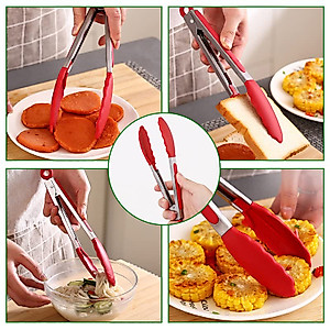HAOBAOBEI Small Kitchen Tongs for Cooking with Silicone Tips, 7 Inch Non Stick High Heat Resistant Silicone Food Tongs for Air Fryer Dinner Baking BBQ Grilling Christmas Party (3 Pcs, 2 Black+1 Red)