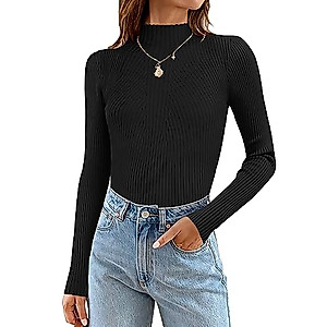 ZESICA Women's 2023 Fall Long Sleeve Turtleneck T Shirts Ribbed Knit Sweater Slim Fit Basic Casual Tee Tops,Black,Large