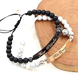 Uloveido His Crazy Her Weirdo Couple Bracelets Stainless Steel ID and Natural Beads Handmade Braided Rope Bracelet Set for Men Women Adjustable (His Crazy Her Weirdo)