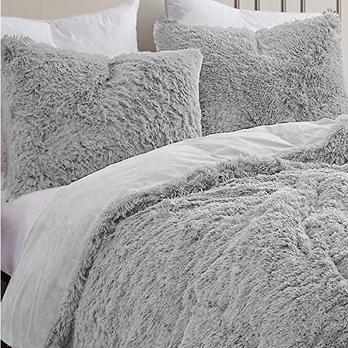 Sweet Home Collection Plush Shaggy Comforter Set Ultra Soft Luxurious Faux Fur Decorative Fluffy Crystal Velvet Bedding with 2 Shams, King, Silver
