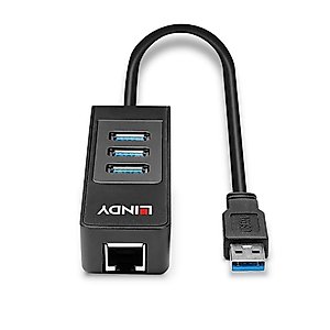 LINDY USB 3.1 Type A to Gigabit LAN 3 Port Type A Hub Adapter for Ultrabook and Tablet, Black