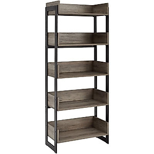 Walker Edison Addison Urban Industrial Metal and Wood 5-Shelf Bookcase, 64 Inch, Grey Wash