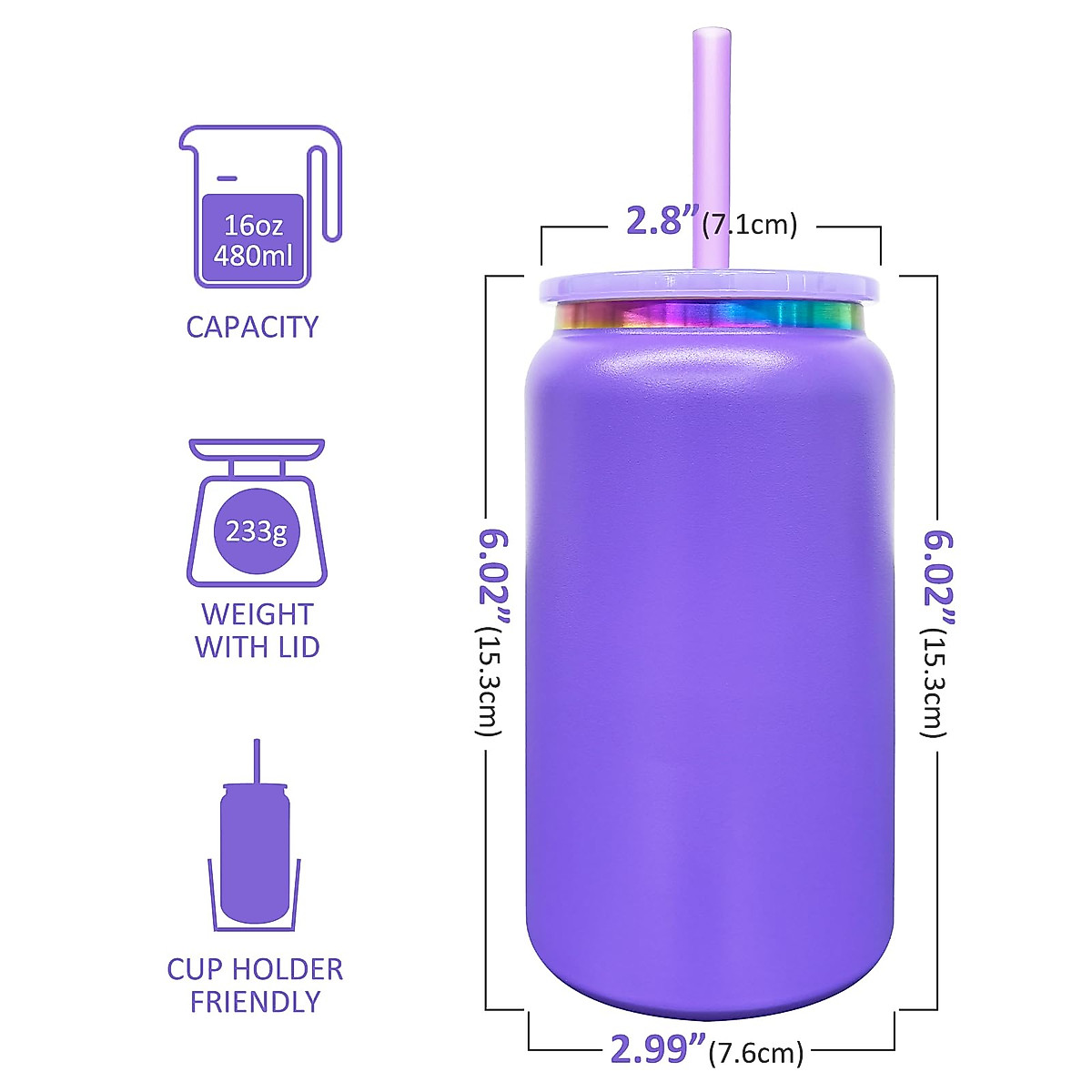 Glass Cups with Lids and Straws, 16 oz Stainless Steel Cups, Insulated Skinny Tumbler, Powder Coated Travel Mugs for Laser Engrave, Iced Coffee Cup for Smoothie Water DIY Gift (Purple,1 pack)