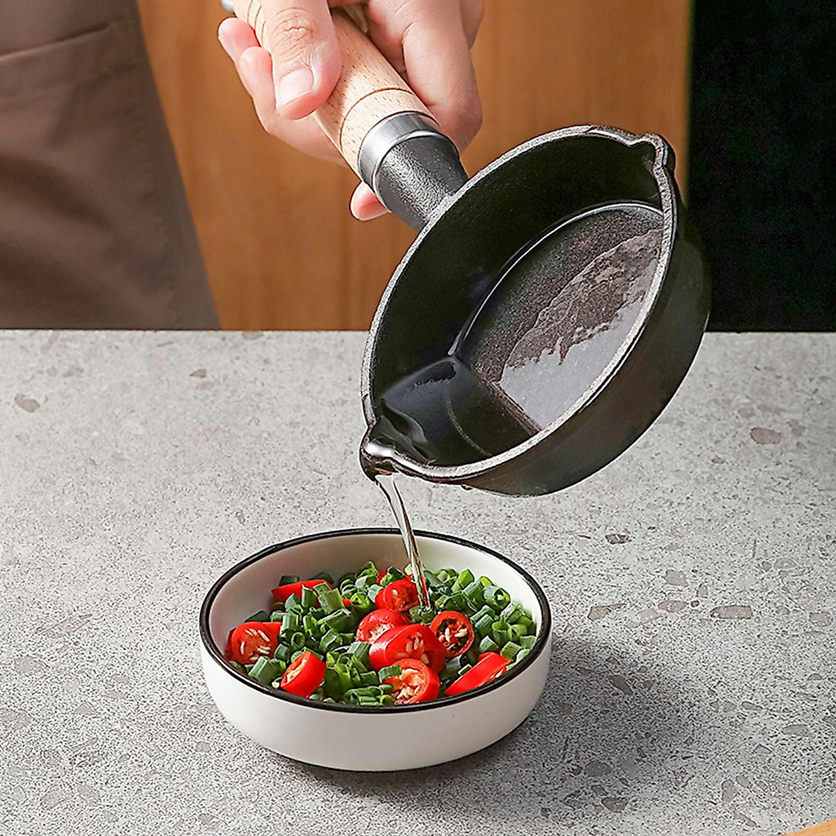 Cast Iron Small Egg Pan Even Heating Non Stick Coating Mini Frying Pan on Wood Handle