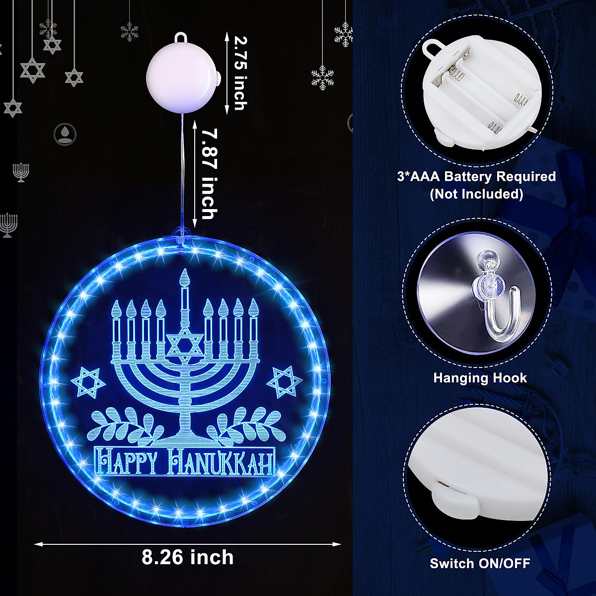 Hanukkah Decorations Window Lights, 8.3" Blue Hanukkah Menorah Star of David Chanukah Lights, Battery Operated Hanukkah Lights Window Decorations for Home Hanukkah Gift Holiday Decor