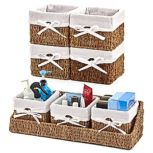 EZOWare Set of 7 Natural Woven Seagrass Wicker Storage Nest Baskets Shelf Organizer Container Bins with Liner - Brown
