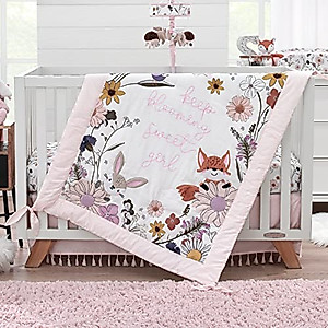 NoJo Keep Blooming Pink, White, Purple and Gold, Flowers, Fox, Bunny and Birds "Keep Blooming Sweet Girl" 4 Piece Nursery Crib Bedding Set - Comforter, 100% Cotton Fitted Crib Sheet, Crib Skirt