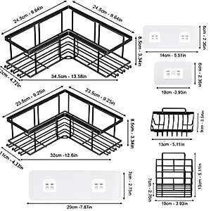 Sikaiqi Corner Shower Caddy, 4 Pack Adhesive Bathroom Accessories, Storage Stainless Shower Organizer Shelf with Hooks, No Drilling Shower Shelves for Bathroom, Dorm and Kitchen