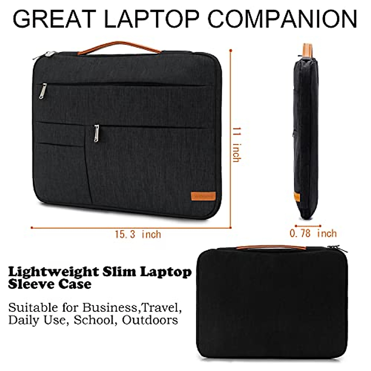KINGSLONG 16 inch Laptop Sleeve Bag, Slim Lightweight Multiple Pockets Computer Cover Notebook Ultrabooks Carrying Case fit for Acer Asus Dell Lenovo HP Toshiba, Black