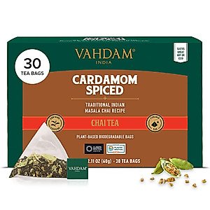 VAHDAM, Cardamom Masala Chai Tea Bags (30 Count) Non GMO, Gluten Free, No Artificial Flavor | Blended w/Exotic Spices | Chai Tea | Resealable Ziplock Pouch | Individually Wrapped
