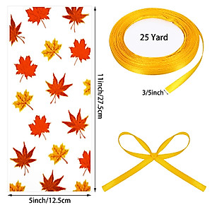 100 Pieces Fall Cellophane Bags Thanksgiving Halloween Party Favor Maple Leaf Cello Autumn Treat Bags with A Roll of Orange Ribbon for Chocolate Candy Cookies and Snacks