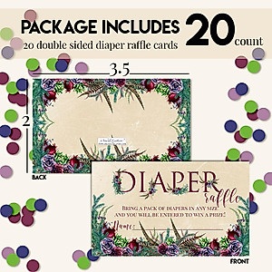 Amanda Creation Rustic Boho Watercolor Succulents, Pine, and Feathers Diaper Raffle Tickets for Baby Showers, 20 2" X 3” Double Sided Inserts, Bring a Pack of Diapers to Win Favors &