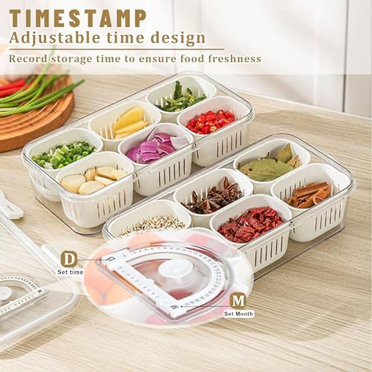 Dualshine Divided Serving Tray with Lid, Fruit Storage Containers for Fridge, Snack Box, Portable Food Storage Containers with 6 Compartments Keep Fruits, Snacks, Vegetables and Spices Fresh Longer