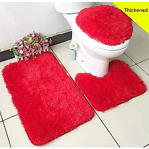 Bathroom Rugs Sets 3 Piece with Toilet Cover, Bath Mats for Bathroom Non Slip, U-Shaped Contour Toilet Mat,Ultra Soft Absorbent Bath Mat Set, Machine Washable Bath Rugs for Bathroom Floor (Red)