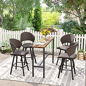 VICLLAX Outdoor 180-Degree Swivel Bar Stools Set of 2, Rattan Tall Patio Chair for Garden Pool Lawn Backyard, Brown