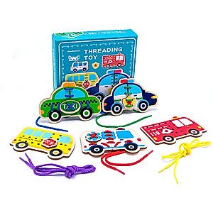 Promise Babe 5 Pack Lacing Cards Wooden Cars Block Puzzle Threading Toys Montessori Toy Sewing Cards for Toddler Educational Preschool Toys…