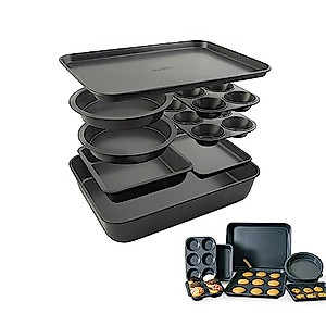 Elbee Home 8-Piece Nonstick Aluminized Steel, Space Saving Baking Set , With Deep Roasting Pan, Cookie Sheet, Cake Pans, Muffin Pans and Baking Pan PFOA & PFOS Free