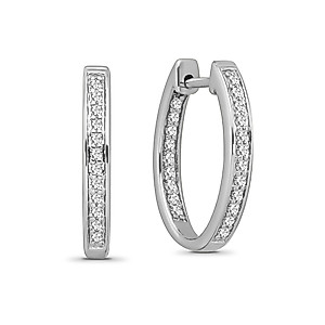 ARAIYA FINE JEWELRY 925 Sterling Silver Round-shape Inside and Outside Diamond Oval Hoop Earrings for Women (1/4 cttw, I-J Color, I2-I3 Clarity)
