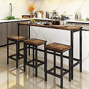 Merax 4-Piece Counter Height Extra Long Dining Table Set with 3 Stools and Side Table with Footrest Pub Kitchen Set (Brown)