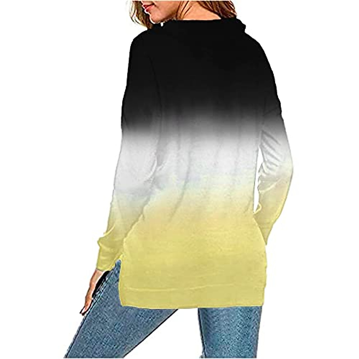 Women's Casual Zipper Hoodie V Neck Long Sleeve Loose Soft Tops Gradient Print Tunic Blouse Coat with Split Yellow