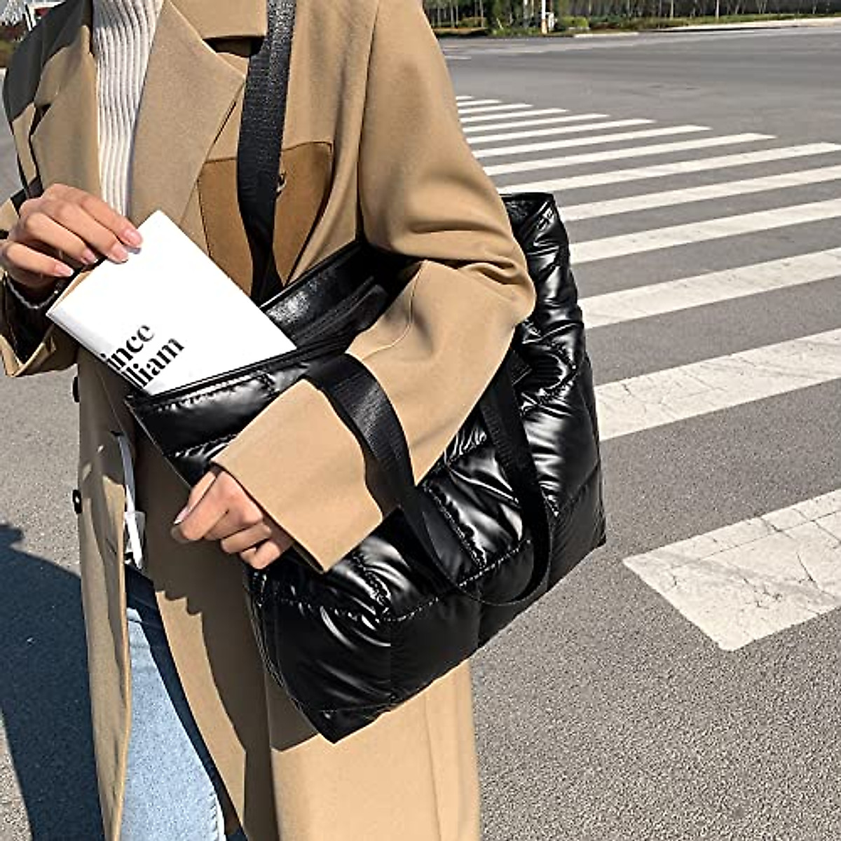 AZURAOKEY Puffer Tote Bag for Women, Women Nylon Shoulder Bag Design Space Padded Messenger Bag Solid Color Handbag