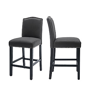 KCC Counter Height Bar Stool 26 Inches Upholstered High Back Barstool with Antique Nail Heads Solid Wood Set of 2 Counter Height Bar Chairs,Gray