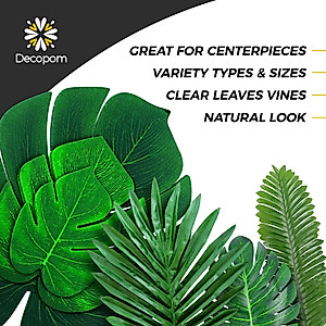 Decopom Palm Leaves Artificial Tropical Monstera-84Pcs 6 Kinds Large Small Green Fake Palm Leaf with Stems for Safari Jungle Hawaiian Luau Party Table Decoration Wedding Birthday Theme Party
