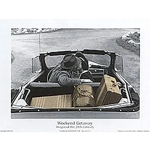 Buyartforless Weekend Getaway, Images of The 20th Century 32x24 Art Print Poster Vintage Black and White Romantic Couple Love Kissing in Car