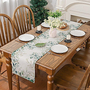 Siilues Spring Table Runner, Spring Decorations Off White Eucalyptus Leaves Green Table Runner Seasonal Spring Summer Burlap Table Runner Holiday Decor for Dining Table Decoration (13" x 48")