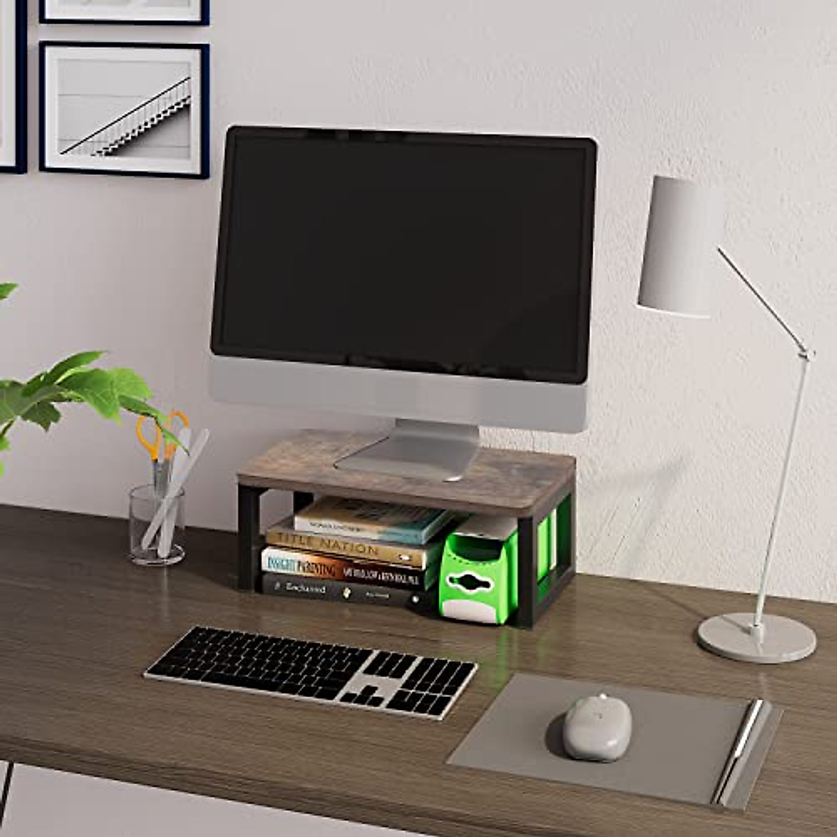 JOIN IRON Dark Brown Wood Computer Monitor Stand with Storage.Laptop Computer Shelf.Ergonomic Monitor Riser Desk Organizer.Office Supplies,Printer,iMac,Pc,Fax Machine Shelving Rack