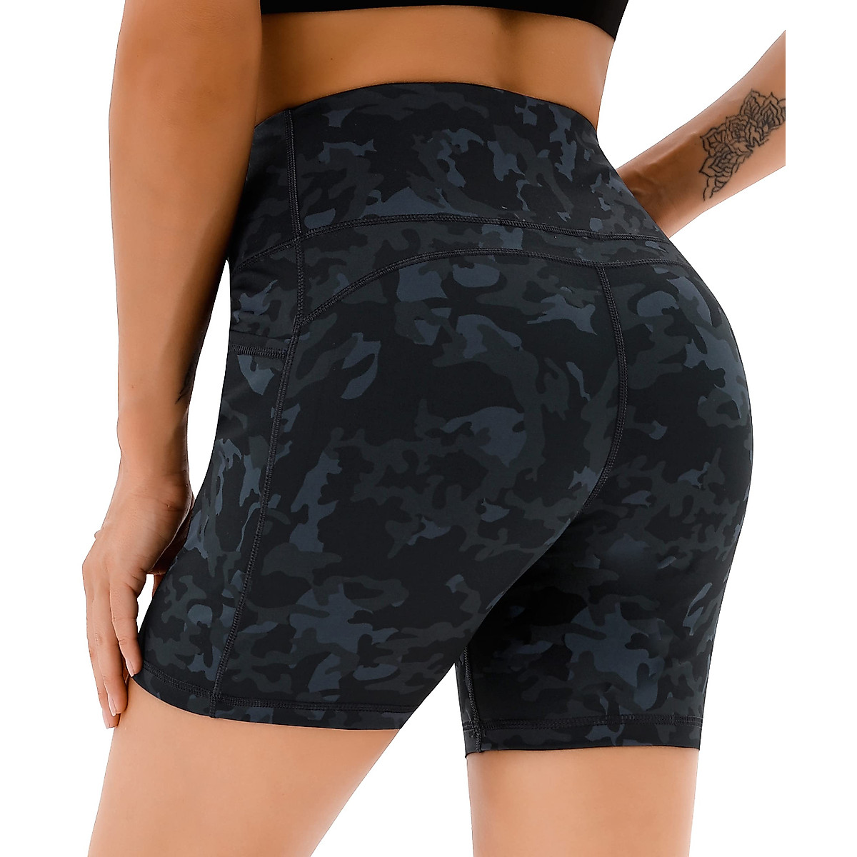 AFITNE Yoga Shorts for Women with Pockets High Waisted Printed Workout Athletic Running Shorts Biker Spandex Gym Fitness Tights Leggings Black Camo - XS
