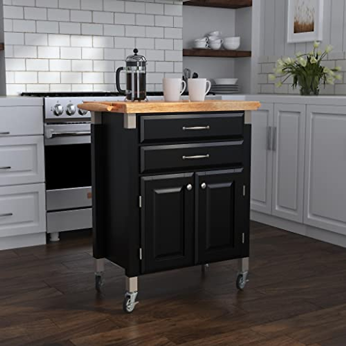 Home Styles Black Dolly Madison Prep and Serve Kitchen Cart with Natural Top, Locking Casters, Two Drawers, Two Storage Cabinets