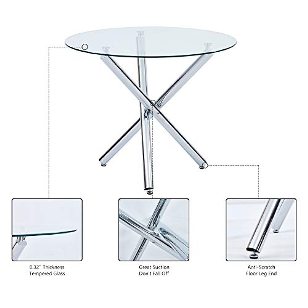 Bacyion Modern 3 Pieces Round Glass Dining Table Set for 2, Kitchen Table with 3 Legs,Tempered Glass Top + 2 Grey Faux Leather Dining Chairs, Dining Room Table and Chairs Set for Home Small Space