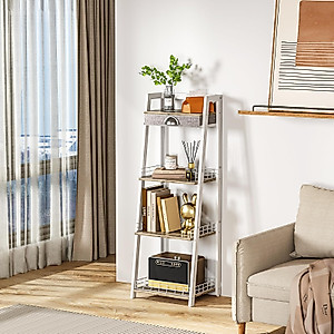 keomaisyto 4-Tier Elegant Ladder Shelf, Bathroom Storage Shelf, Ladder Bookshelf with Drawer, Freestanding Storage Shelves for Bathroom Living Room Study Office, White