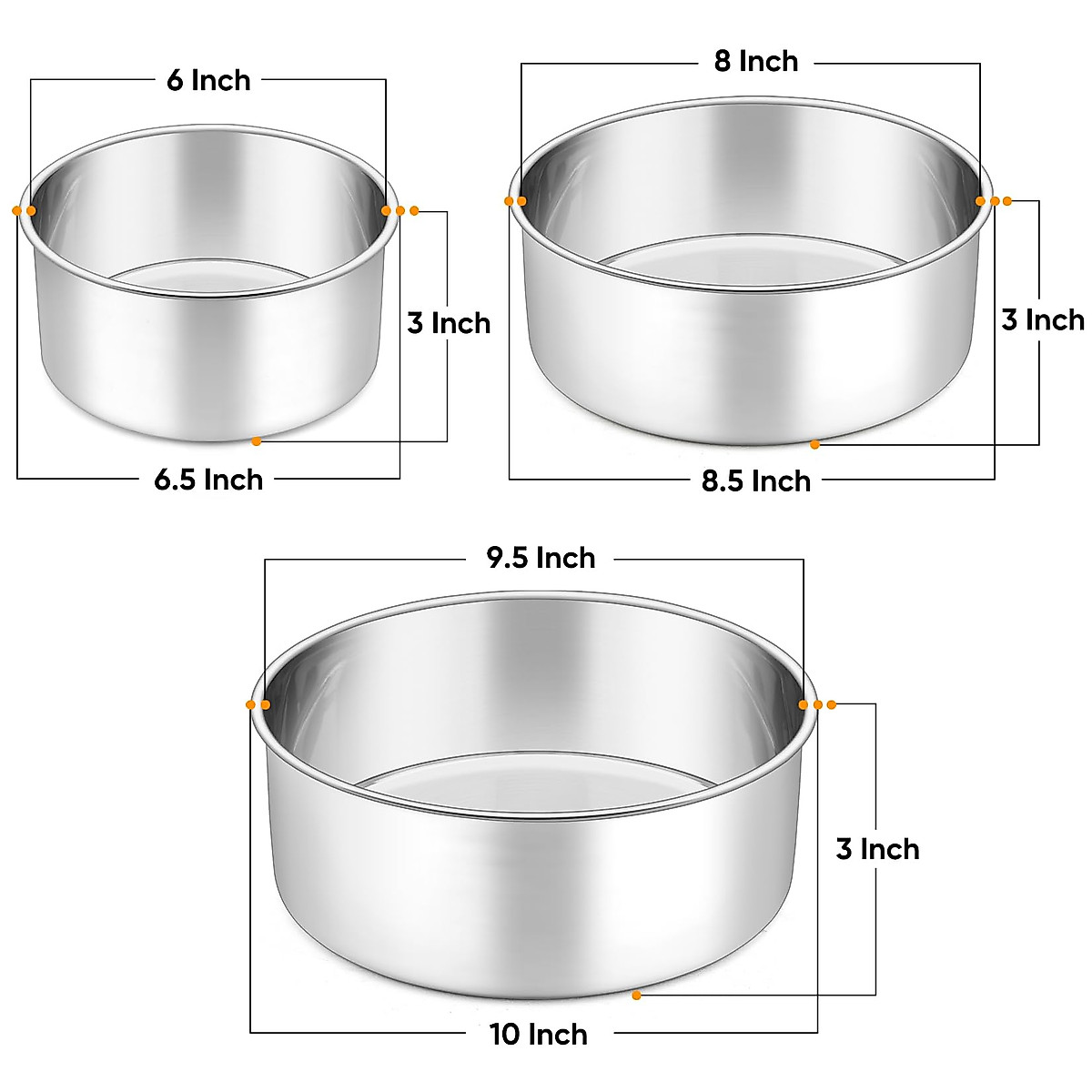P&P CHEF Cake Pan Set of 3-6 inch + 8 inch + 9½ inch, Stainless Steel Round Baking Pans, Birthday Wedding Layer Cake Pans Tins, Fit Oven/Pots/Pressure Cooker, 3-inch Straight Side, Dishwasher Safe