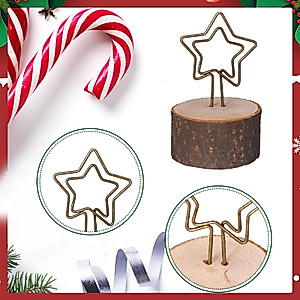 Teenyyou 15 Pcs Wood Table Number Holders Stands Christmas Wooden Base Place Card Holders Picture Holders for Centerpieces Rustic Iron Wire Picture Picks Clip Holder Stand (Star)