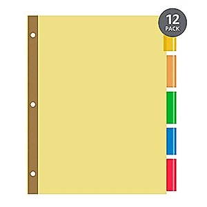 Amazon Basics 3 Ring Binder Dividers With 5 Tabs, Paper Binder Dividers, Insertable Multicolor Plastic Tabs, Pack of 12 Sets (60 Dividers Total)
