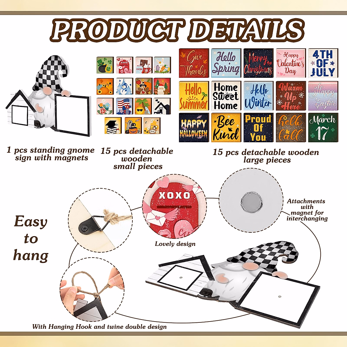 Thyle 31 Pcs Interchangeable Wooden Gnome sign Seasonal Gnome sign for Front Door Wood Gnome Door Hanger with Detachable Magnet Gnome Decorations for Home Wall Christmas Winter DIY Holiday Decor