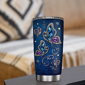 Wassmin Butterfly Tumbler Butterflies Gift For Women Girls Teen Jewelry Drawing Style Stainless Steel Insulated Tumblers 20oz Coffee Travel Mug Cup With Lid Birthday Christmas Presents