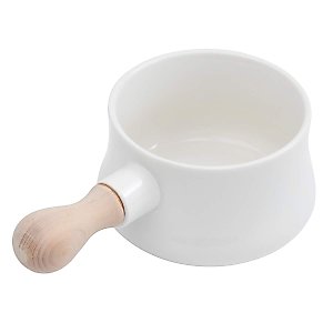 Cabilock Enamel Milk Pot Noodle Bowl Non-Stick Mini Saucepan Butter Warmer with Wooden Handle Small Cookware for Home kitchen Supplies Dessert Cereal Salad Fruit (White About 380ML)