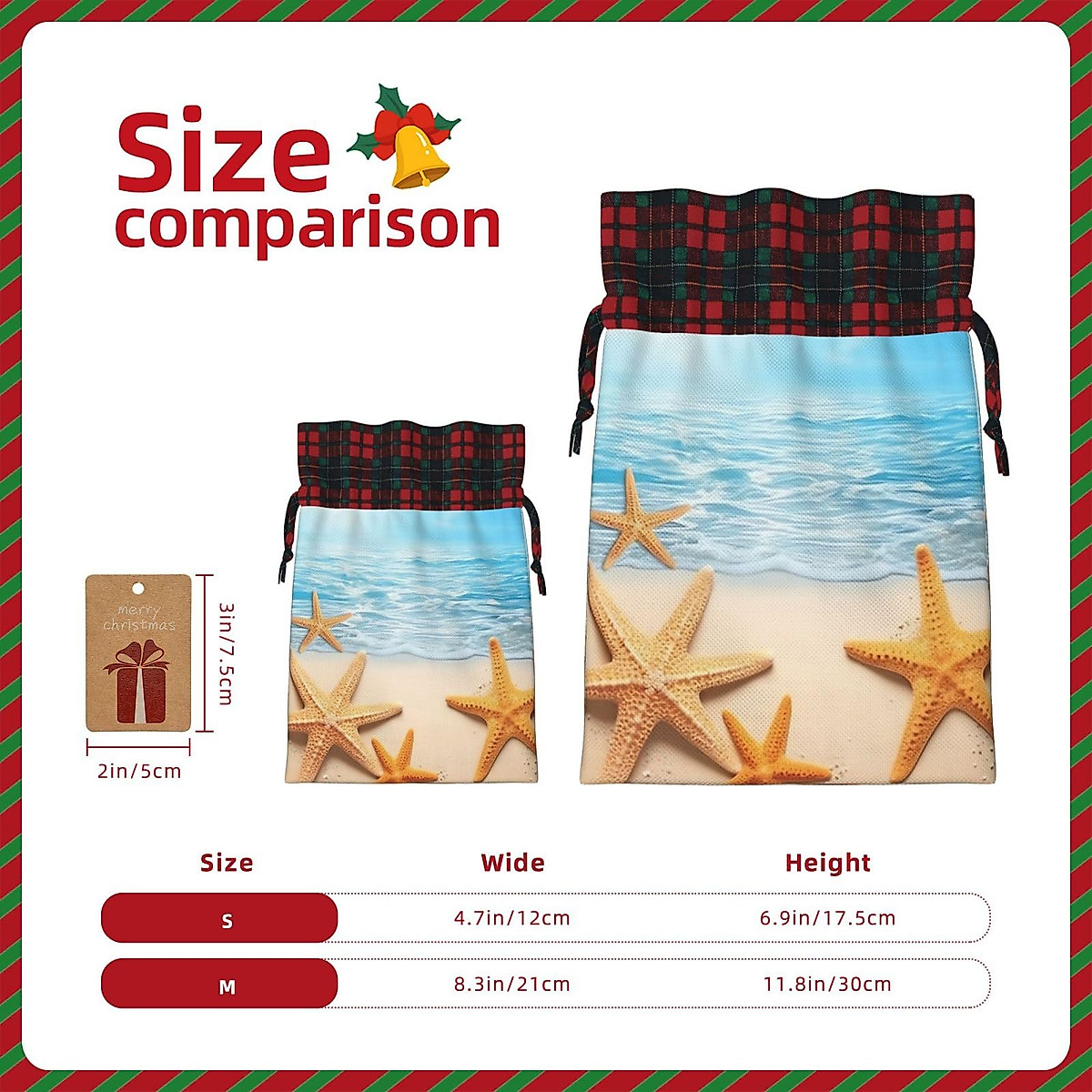 Christmas Gift Bags with Drawstring Burlap Gift Bags 3D Summer Starfish Christmas Linen Bags for Xmas Party Candy Bags with Cards Xmas Reusable Wrapping Bags Christmas Linen Treat Bags for Holiday