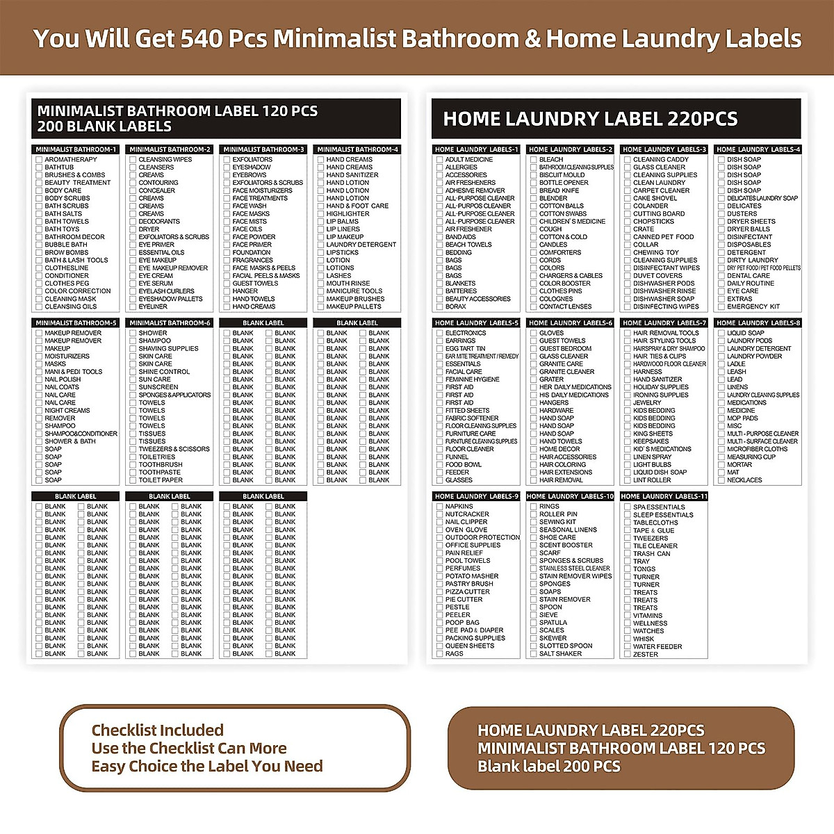 540 PCS Bathroom Home Laundry Labels for Organizing with DIY Blank Labels, Preprinted Minimalist Waterproof Oil Resistant Stickers for Bathroom Laundry Home Beauty Organization Supplies Labels