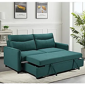 FANYE 74.5" W Futon Loveseat W/Pull Couch Bed and 2 Pillows,3 in 1 Reclining Backrest Love Seat Convertible Queen Size Sleeper & Sofabed for Home Apartment Office Living Room, Green