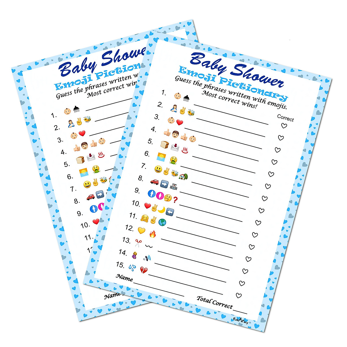 Baby Shower Emoji Pictionary Game, Blue for Boy, Baby Shower and Sprinkle Party Ideas, Play Pack of 30 Cards 5”x7”. Made in USA